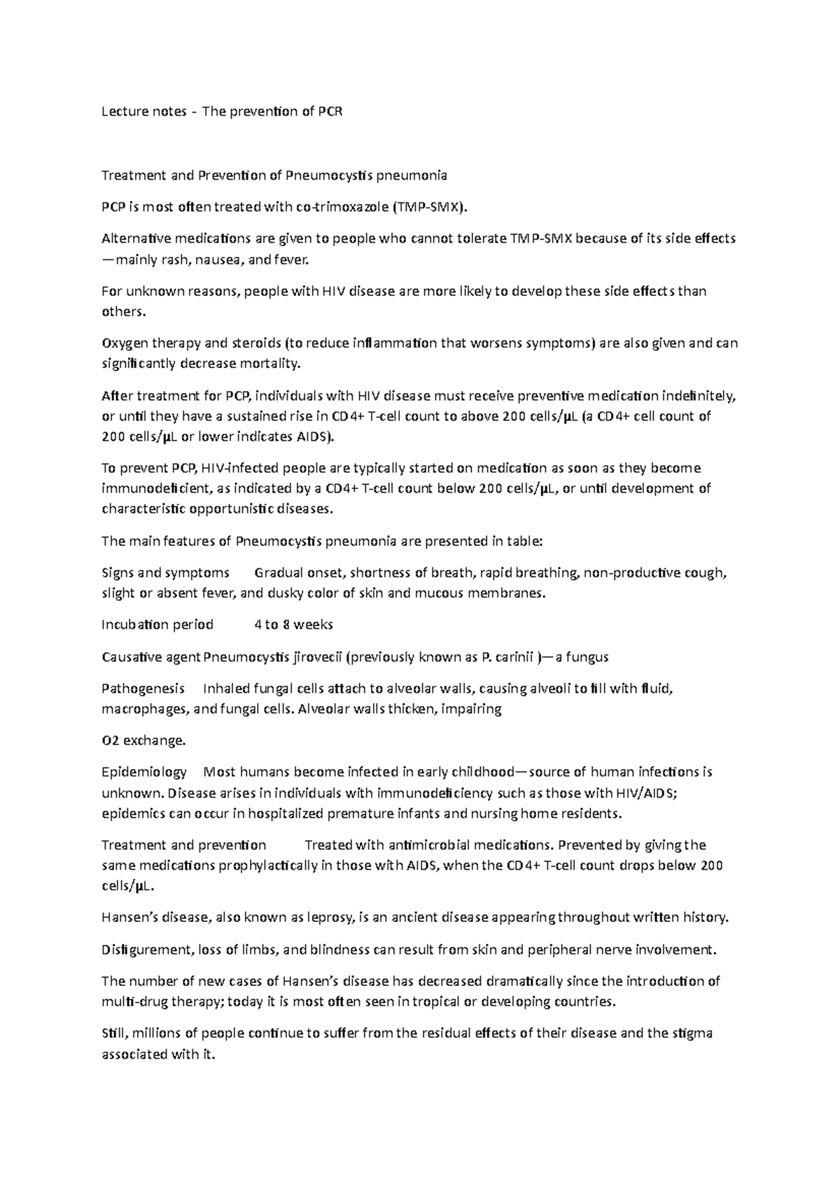 Lecture notes - The prevention of PCR - Lecture notes - The prevention ...