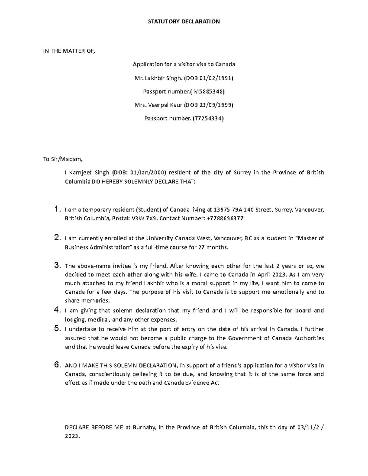 Invitation Letter - need info - STATUTORY DECLARATION IN THE MATTER OF ...