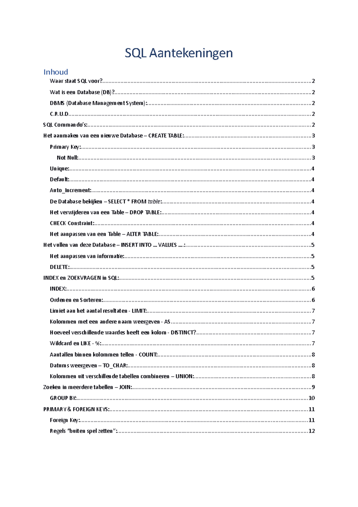 Leerdocument voor Databases - SQL Aantekeningen Waar staat SQL ...