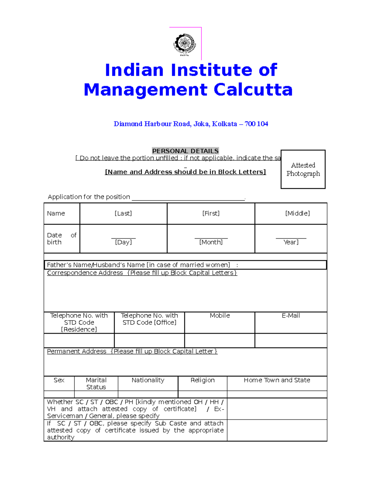 Application format 3 - Indian Institute of Management Calcutta Diamond ...