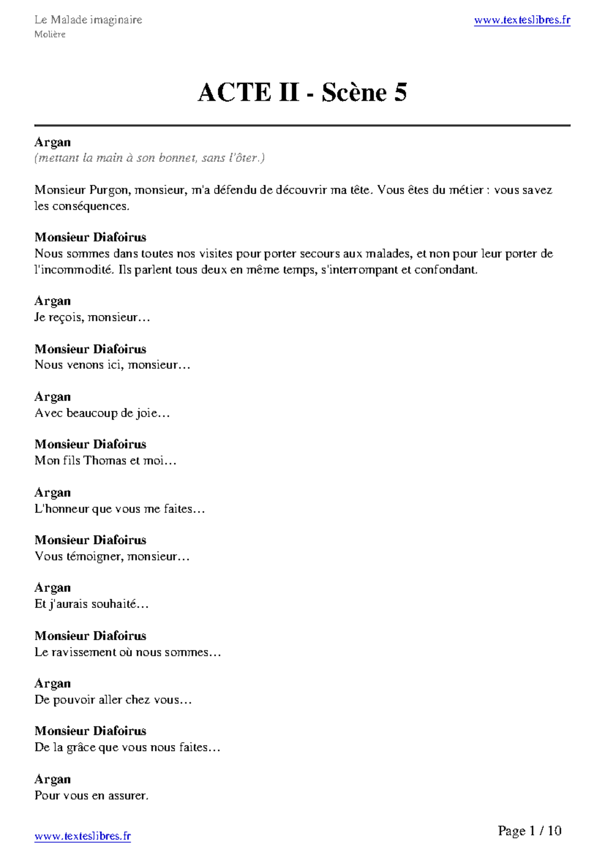 Le Malade imaginaire-ACTE II - Scène 5-Textes Libres - ACTE II - Scène ...