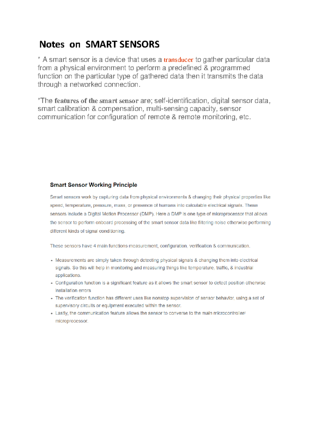Smart Sensor Notes - Notes on SMART SENSORS A smart sensor is a device ...