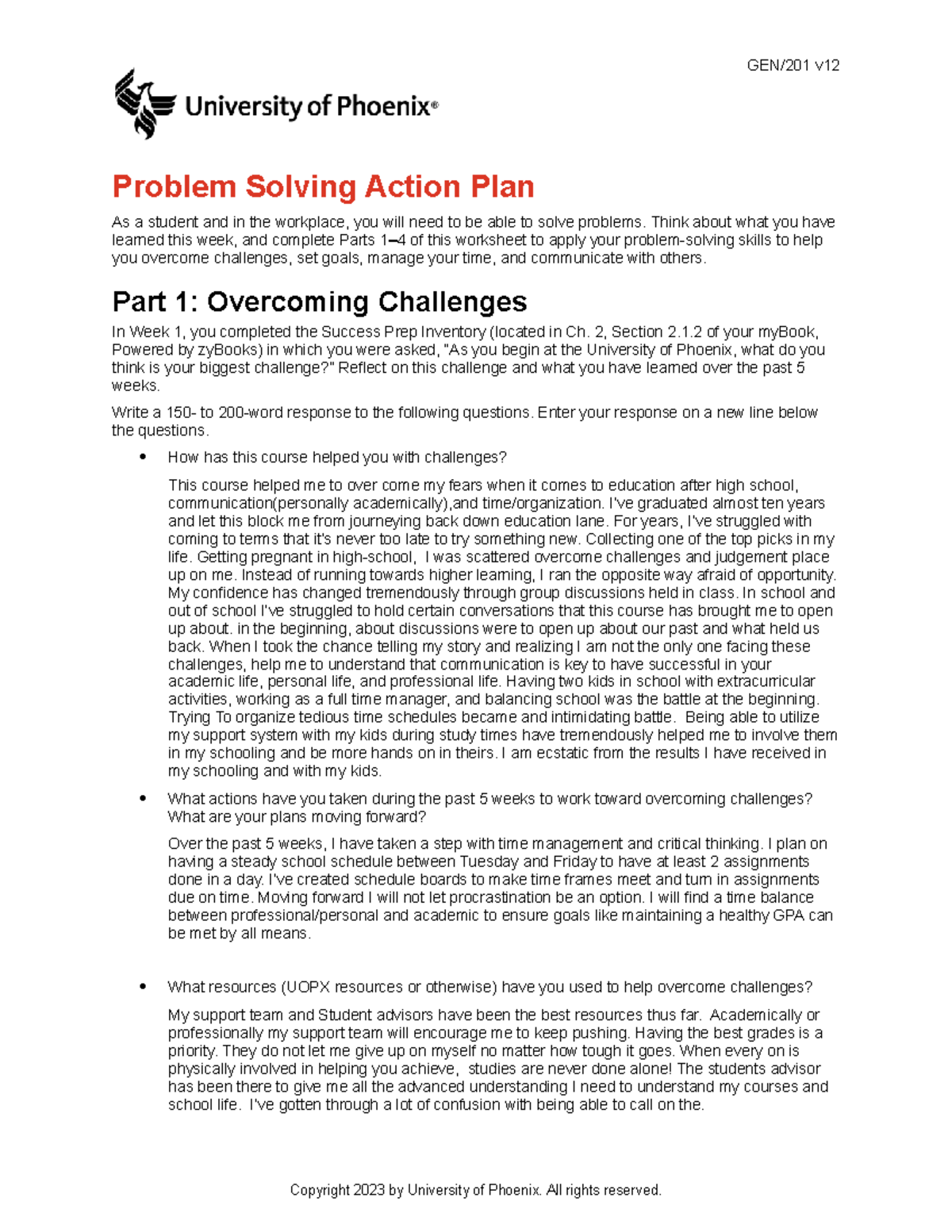 Gen201 v12 wk5 problem solving action plan - GEN/201 v Problem Solving ...