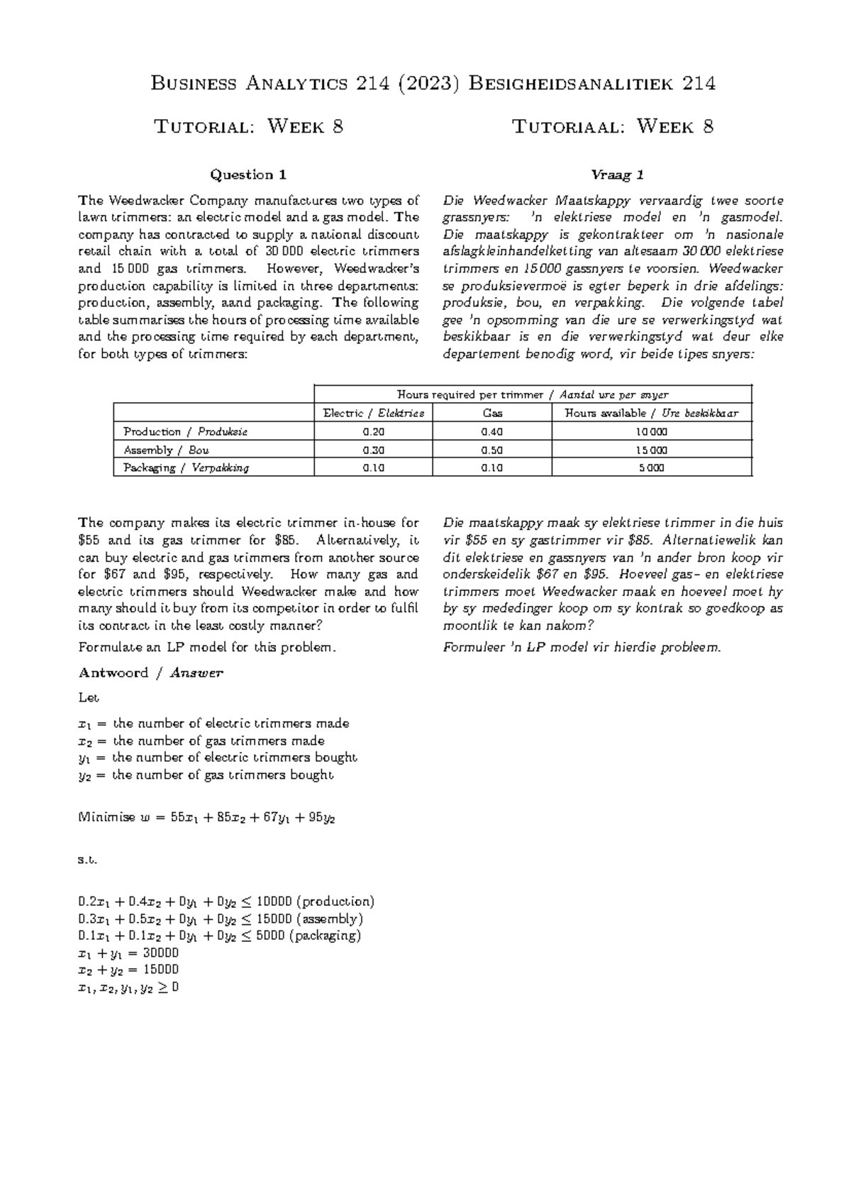 Tut 8 questions and memo - Business Analytics 214 (2023) Besigheidsanalitiek 214 Tutorial: Week ...