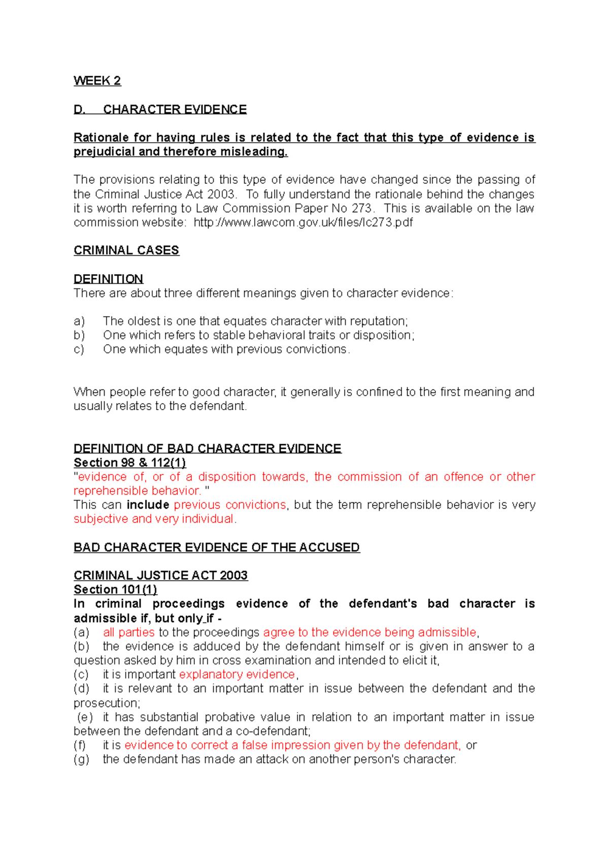 Week 2 - Character evidence - WEEK 2 D. CHARACTER EVIDENCE Rationale ...