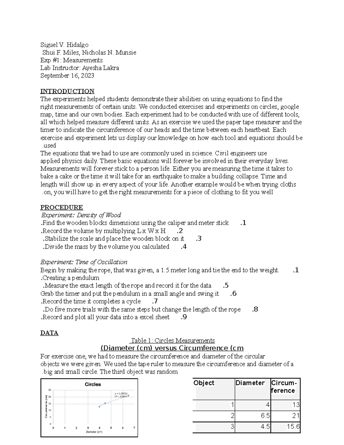 LAB Report #1 - Physics 207 - Lab 1 - Measurements - Siguel V. Hidalgo ...