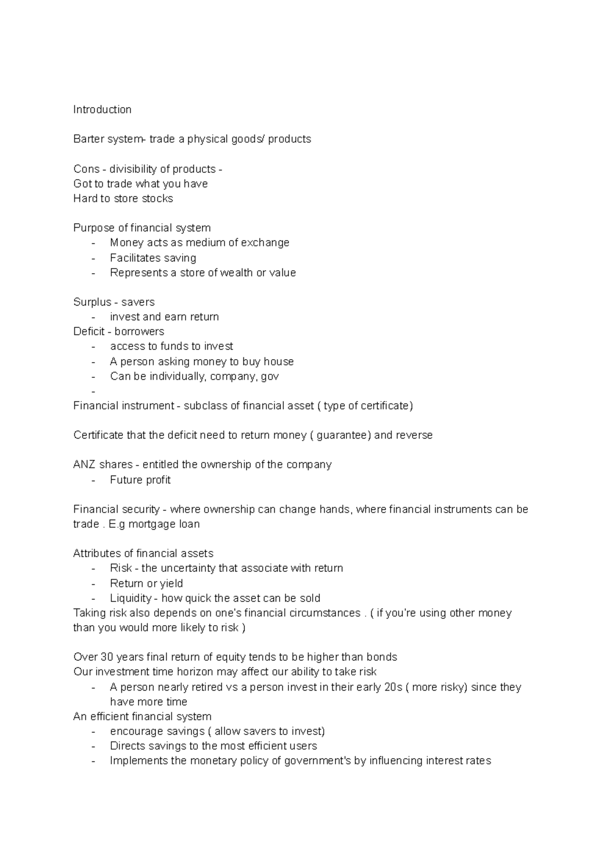 ACFI1003 - Lecture notes week 1-5 - Introduction Barter system- trade a ...
