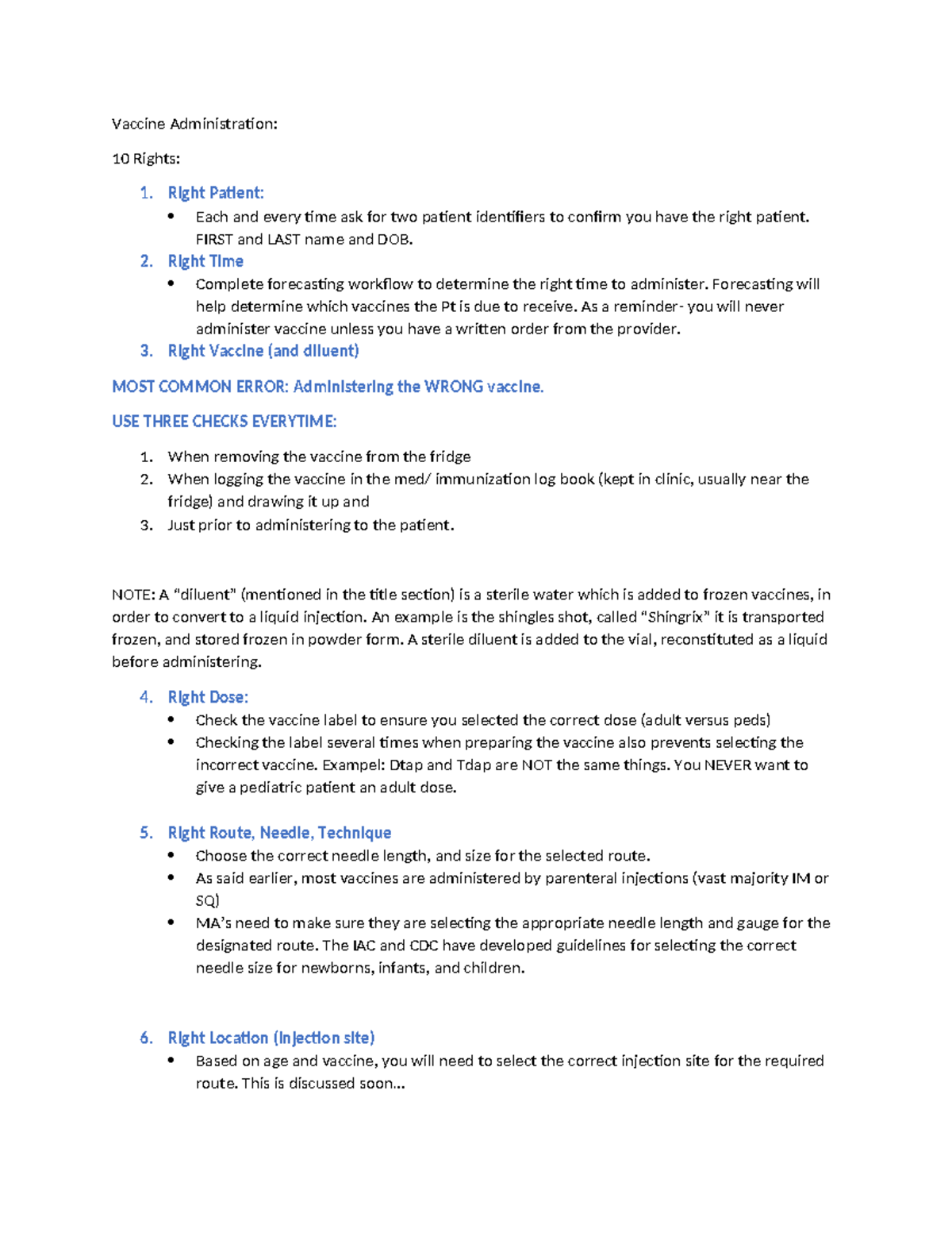 Vaccine Administration Lec Notes Wk 9 - Vaccine Administration: 10 ...