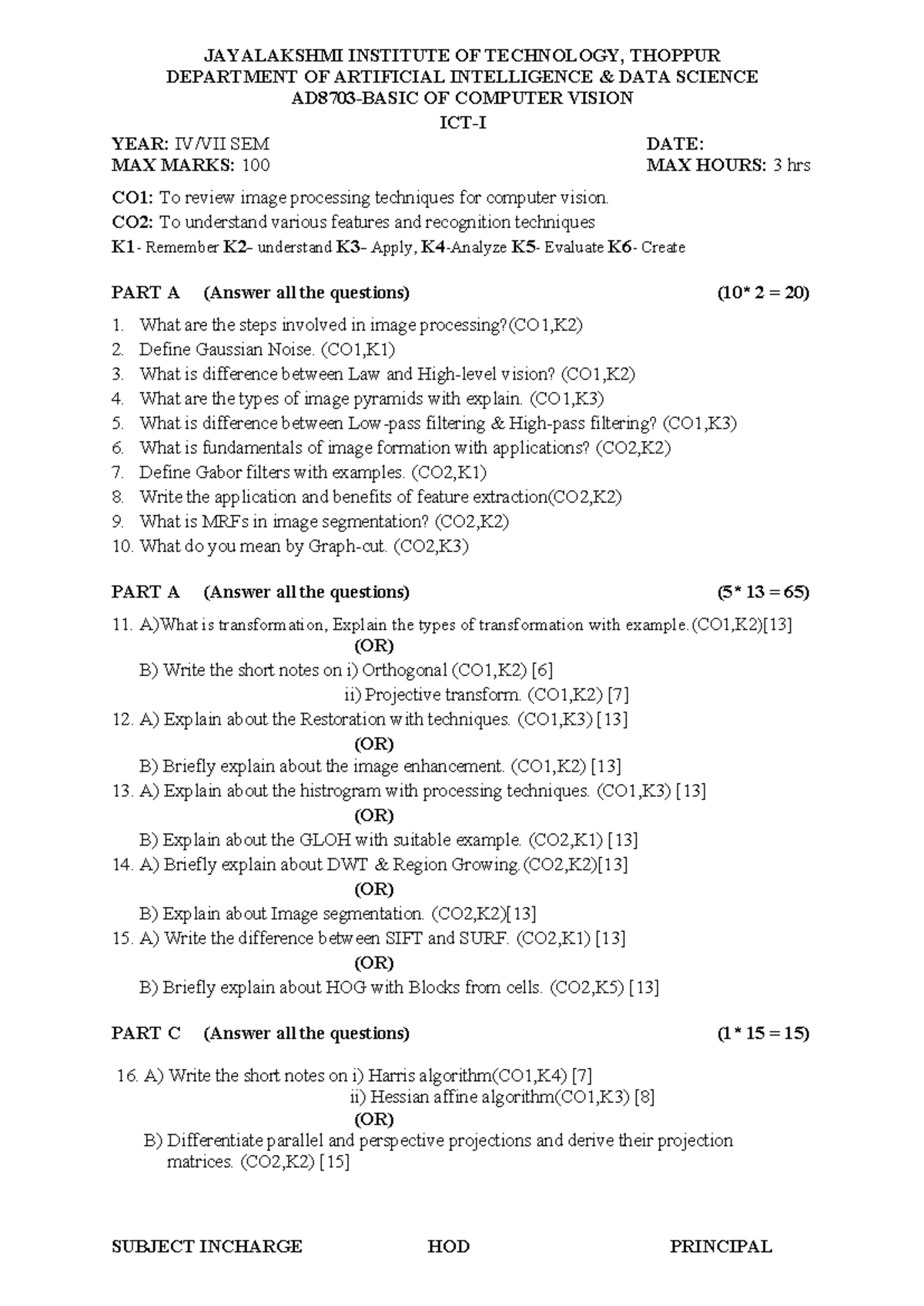 computer vision - CO2: To understand various features and recognition techniques K1- Remember K2 ...