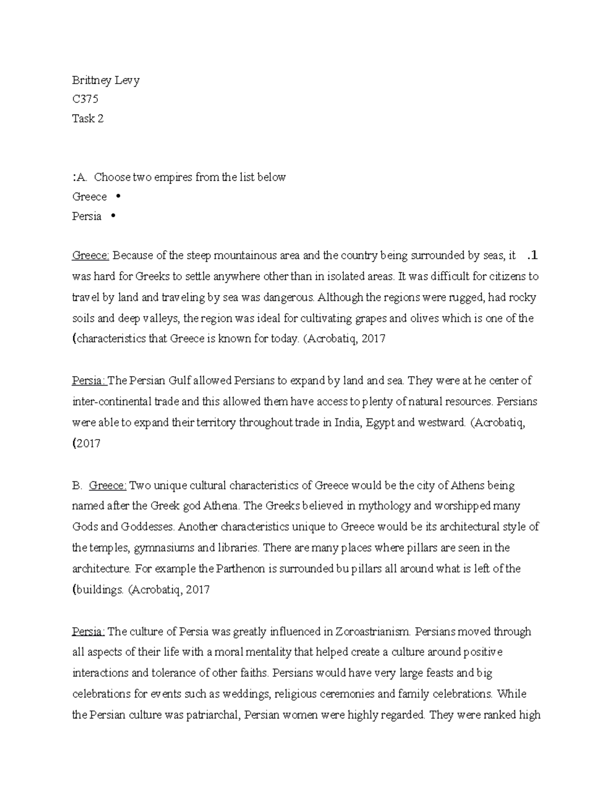 C375 Task 1 - Task 1 - Brittney Levy C Task 2 : A. Choose two empires ...