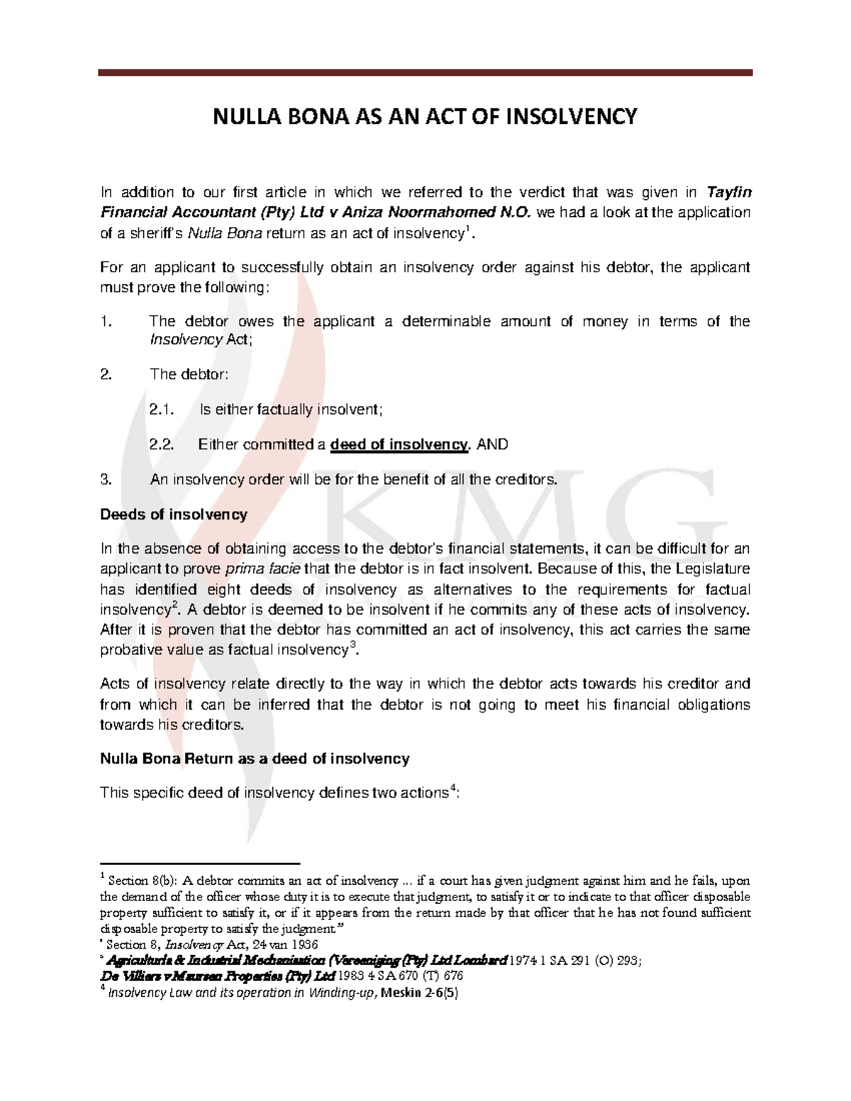 Article - Nulla Bona as an Act of Insolvency - NULLA BONA AS AN ACT OF ...