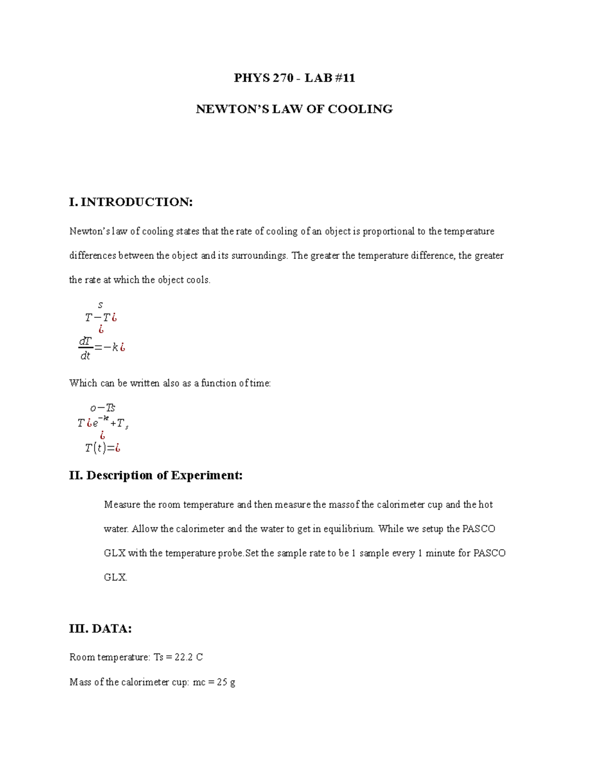 Lab11-Newton's Law of Cooling - PHYS 270 - LAB NEWTON’S LAW OF COOLING ...