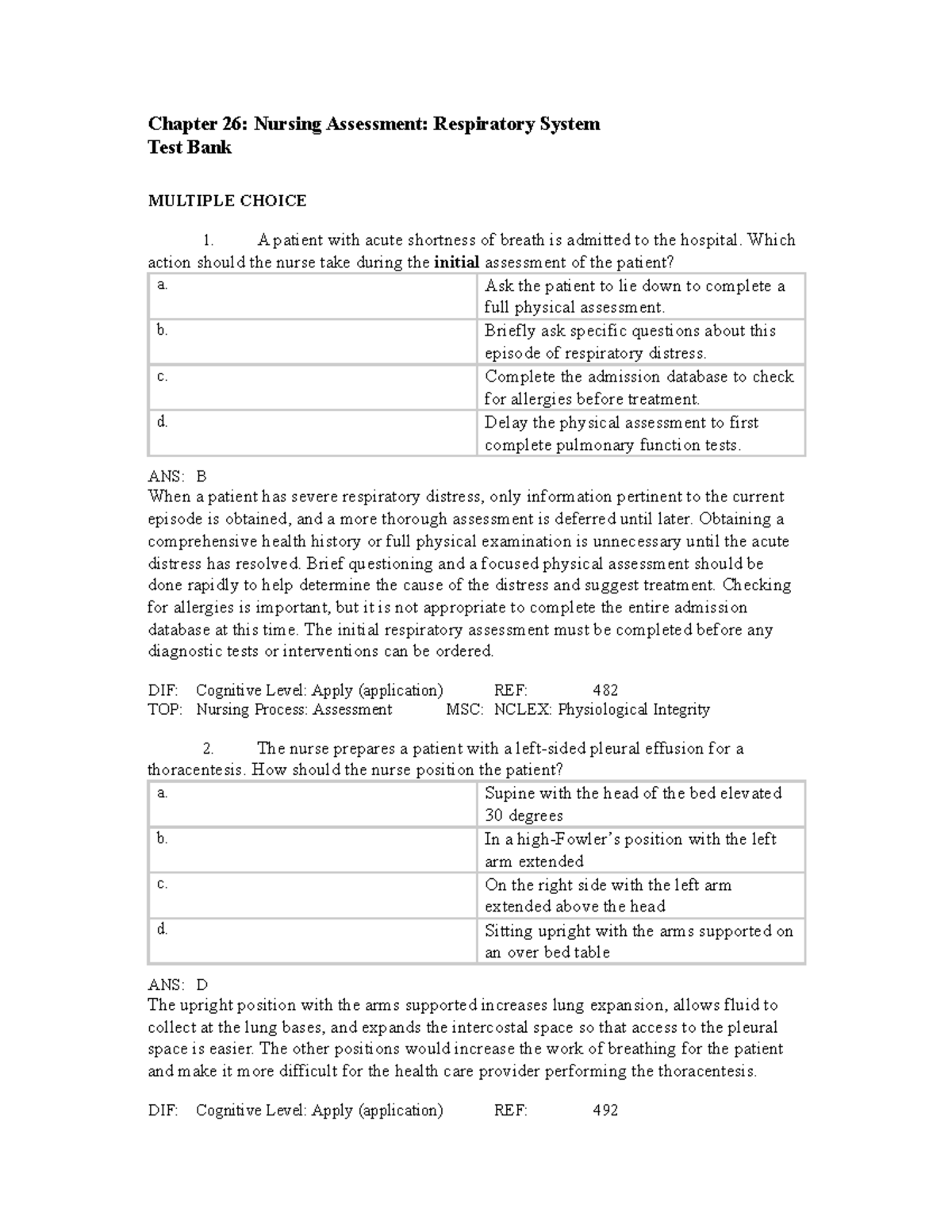 Ch26 - questions: resp. - Chapter 26: Nursing Assessment: Respiratory ...