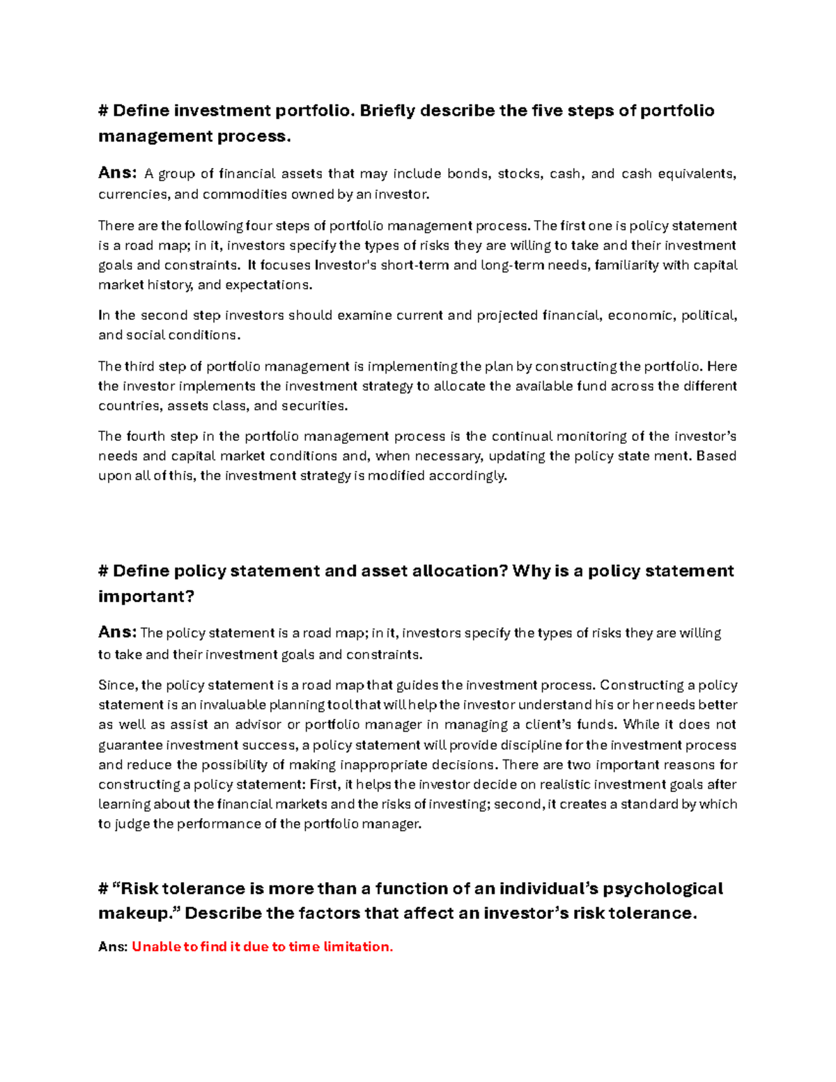 Chapter 2 Question and Ans - # Define investment portfolio. Briefly ...