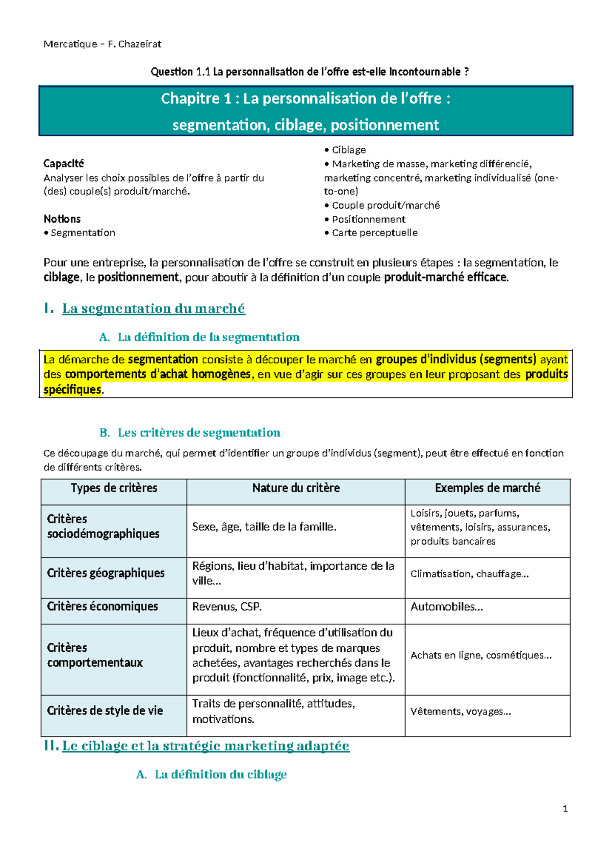 segmentation ciblage positionnement - Mercatique – F. Chazeirat ...