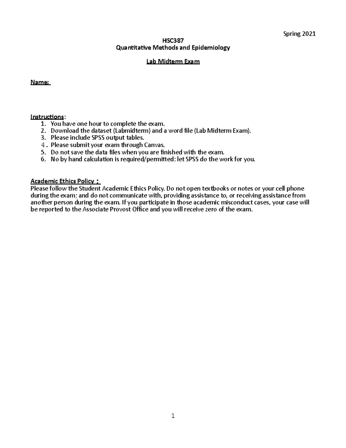 HSC387 Spring 2021 Lab Midterm Exam-1 - Spring 2021 HSC Quantitative Methods and Epidemiology ...