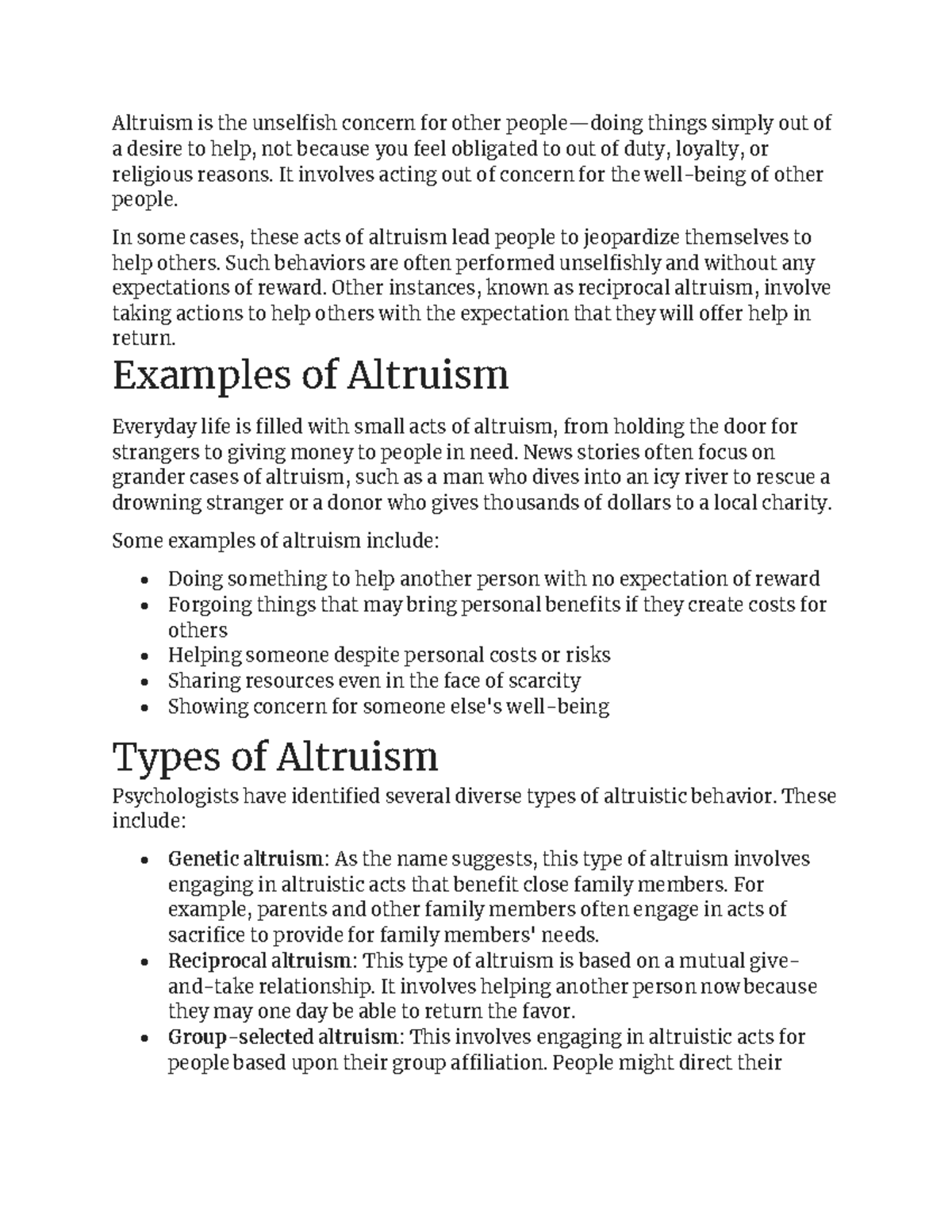 Alturism Notes - Altruism is the unselfish concern for other people ...