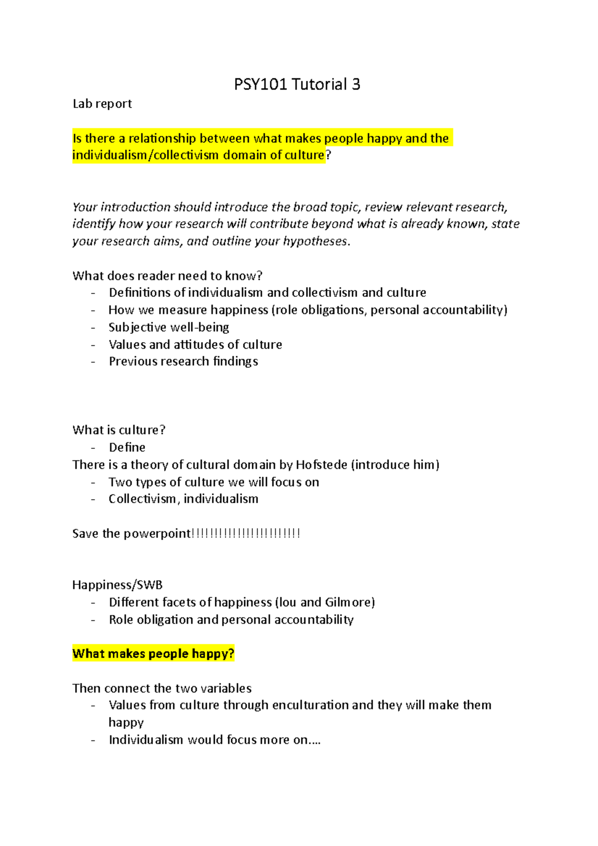PSY101 Tutorial 3 - What does reader need to know? - Definitions of individualism and ...