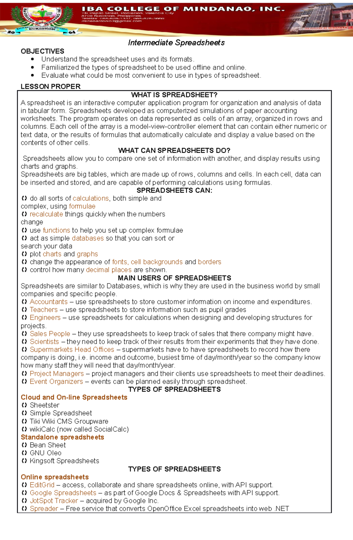 ICT2-Module-2 - ICT - Intermediate Spreadsheets OBJECTIVES Understand ...