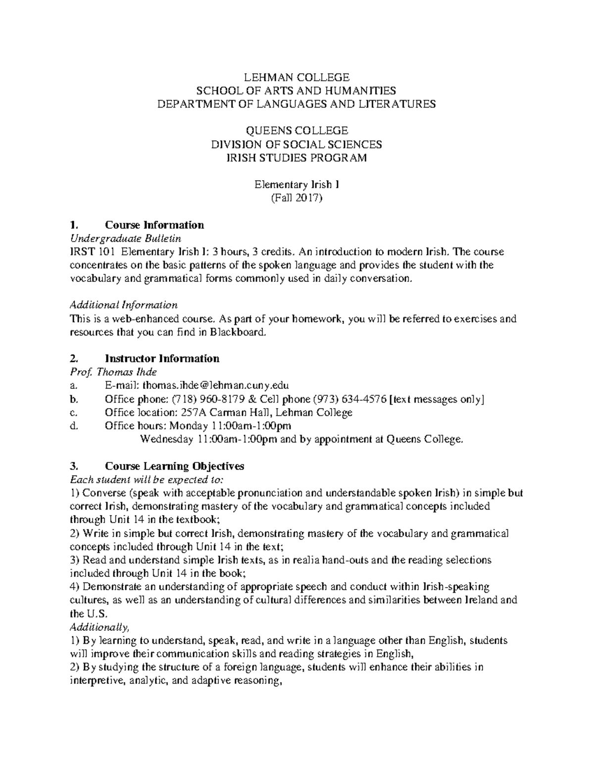 Elementary Irish Syllabus 101 Fall 2018 - LEHMAN COLLEGE SCHOOL OF ARTS ...