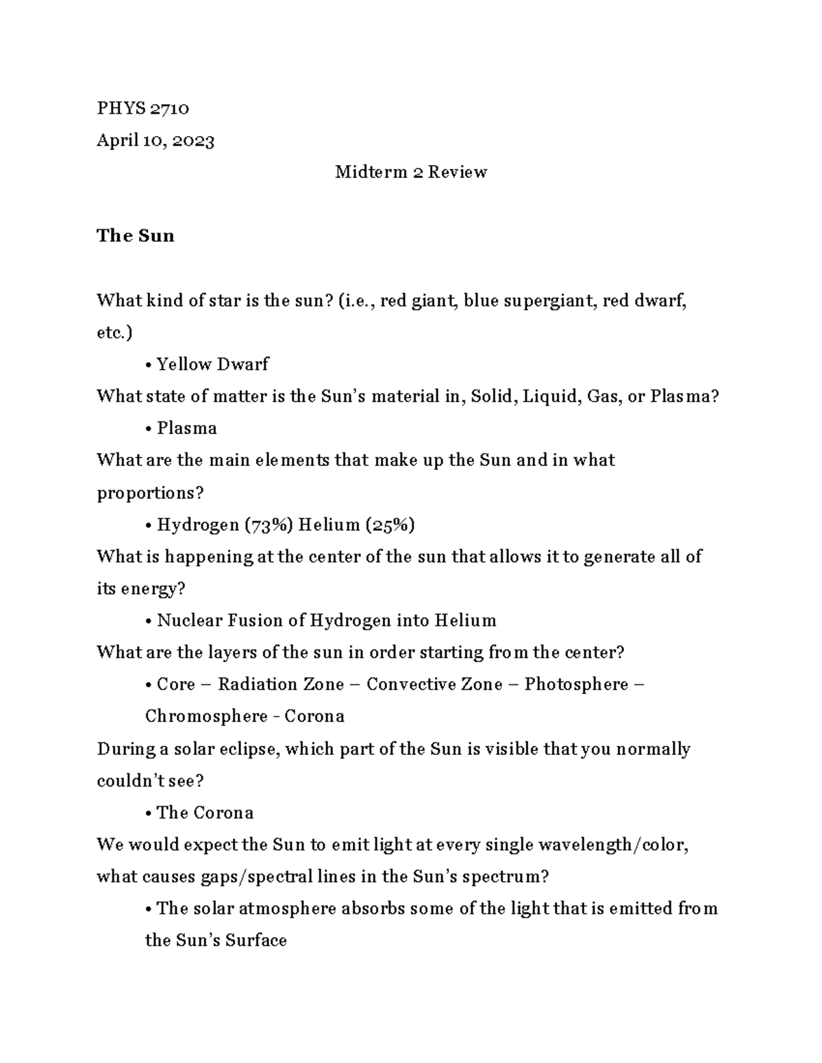 Midterm 2 Review - Astronomy 4 10 2023-2 - PHYS 2710 April 10, 2023 ...