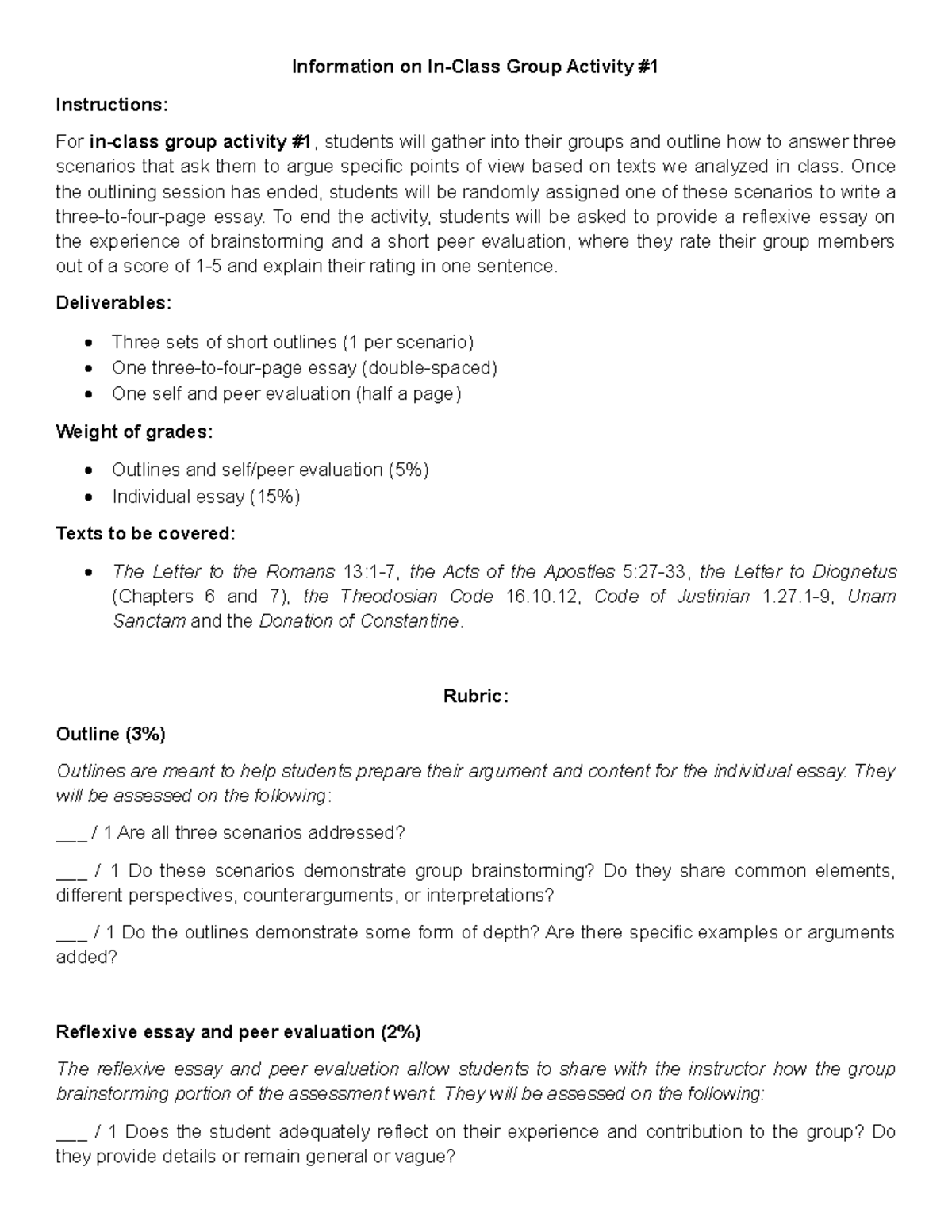 In-Class Activity #1 Information and Rubric - Information on In-Class ...
