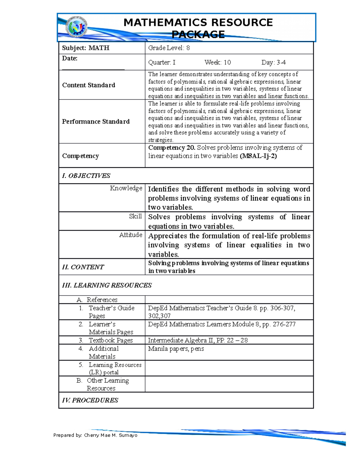 Q1week 10-day3 4 - Teacher Joan - PACKAGE Subject: MATH Grade Level: 8 ...