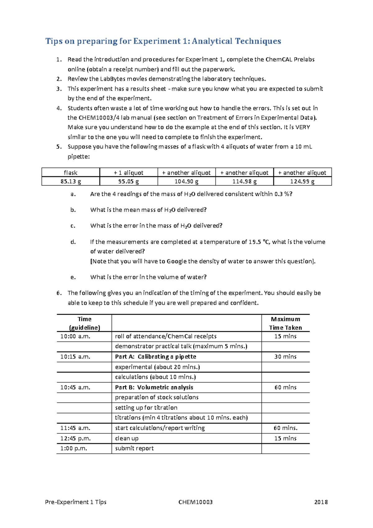 Tips for Experiment 1 - Tips on preparing for Experiment 1: Analytical ...