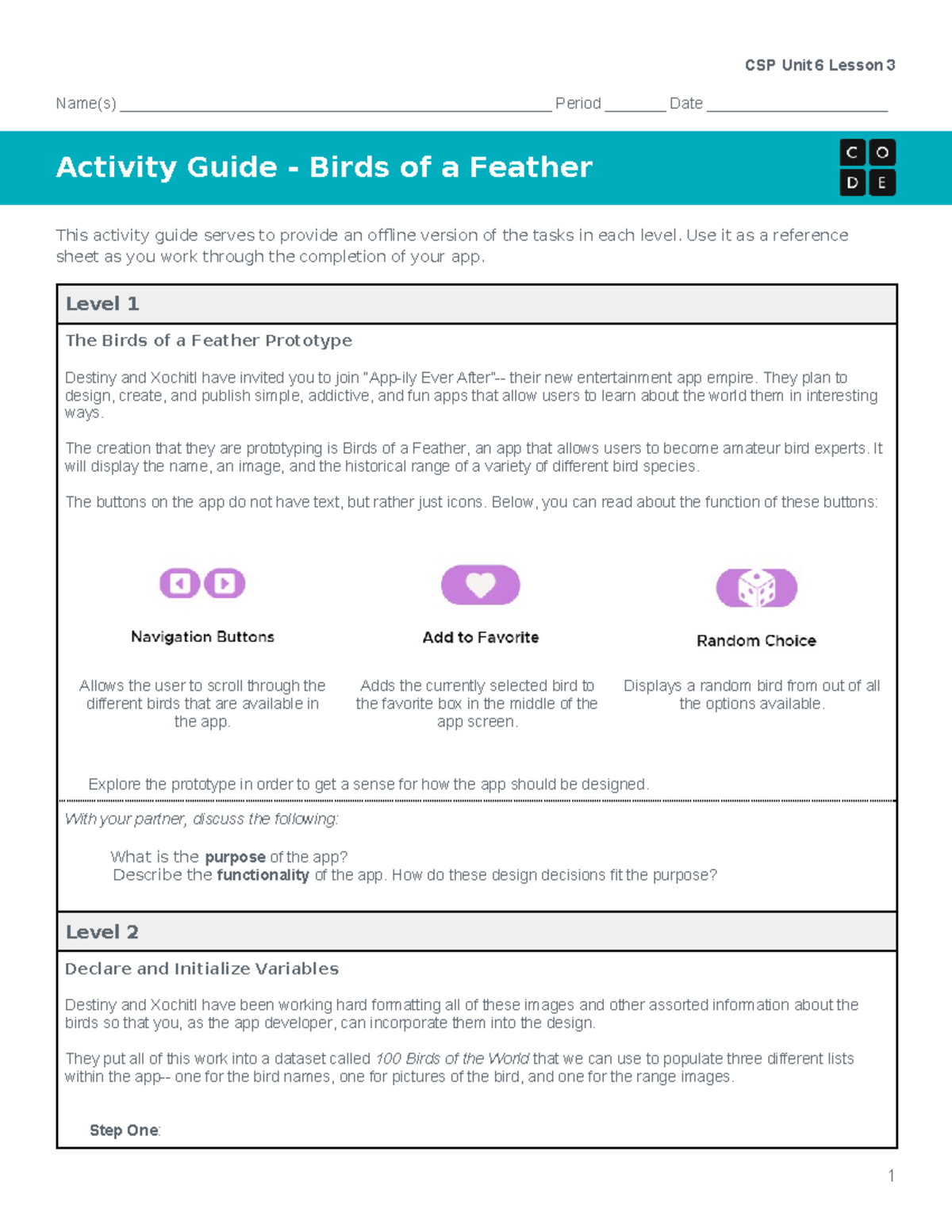 CSP Unit 6 Lesson 3 Birds of a Feather - CSP Unit 6 Lesson 3 Name(s ...