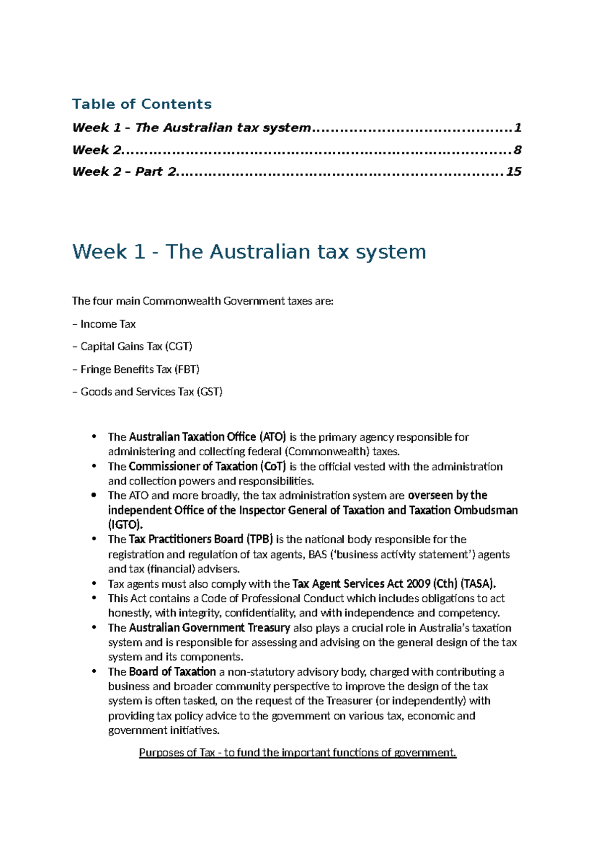 ACCG 3020 notes - Table of Contents Week 1 - The Australian tax - Studocu