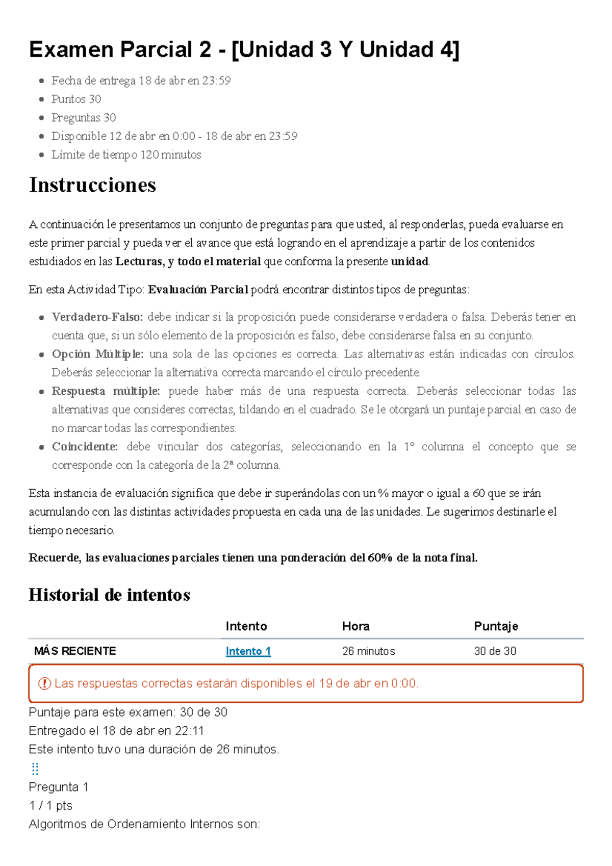 Examen Parcial 2 [unidad 3 Y Unidad 4] Algoritmos Y Estructura De Datos I Examen Parcial 2