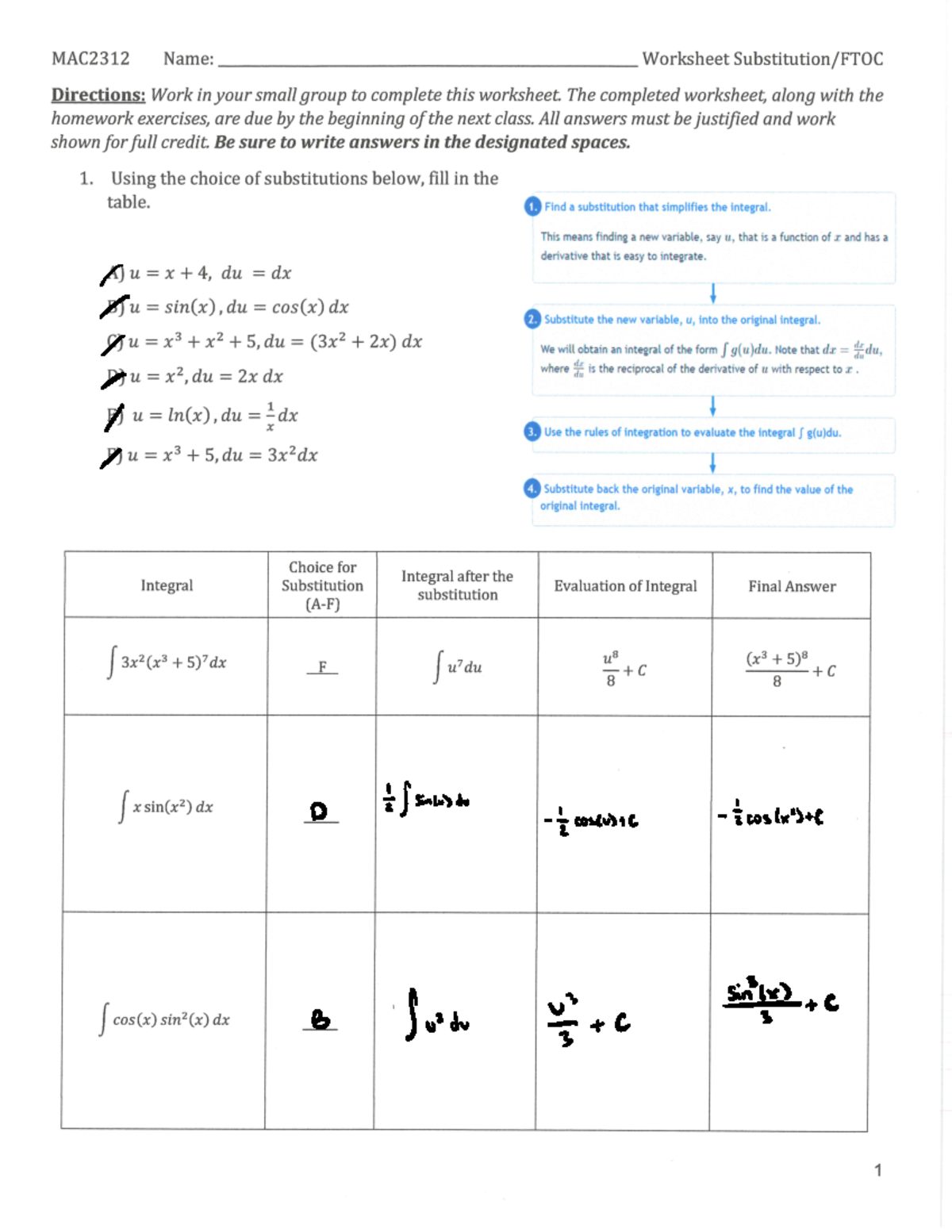 WORKSHEET SUBSTITUTION/FTOC - Darian Lopez I sina coscuste cos 2 C sin ...