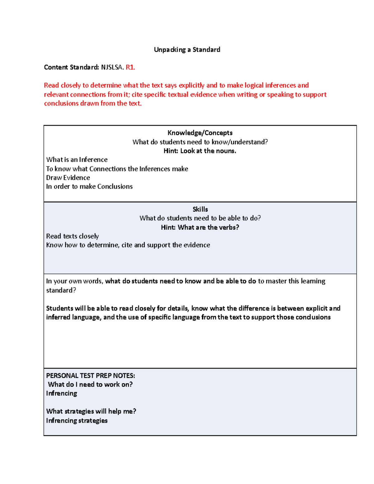 Toolkit K - Unpacking a Standard Content Standard: NJSLSA. R1. Read ...