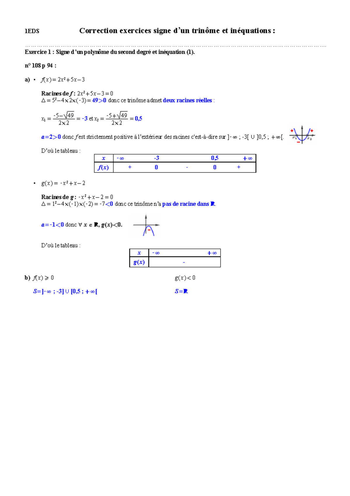 Correction ex signe trinôme 1EDS 2023-2024 - 1EDS Correction exercices ...