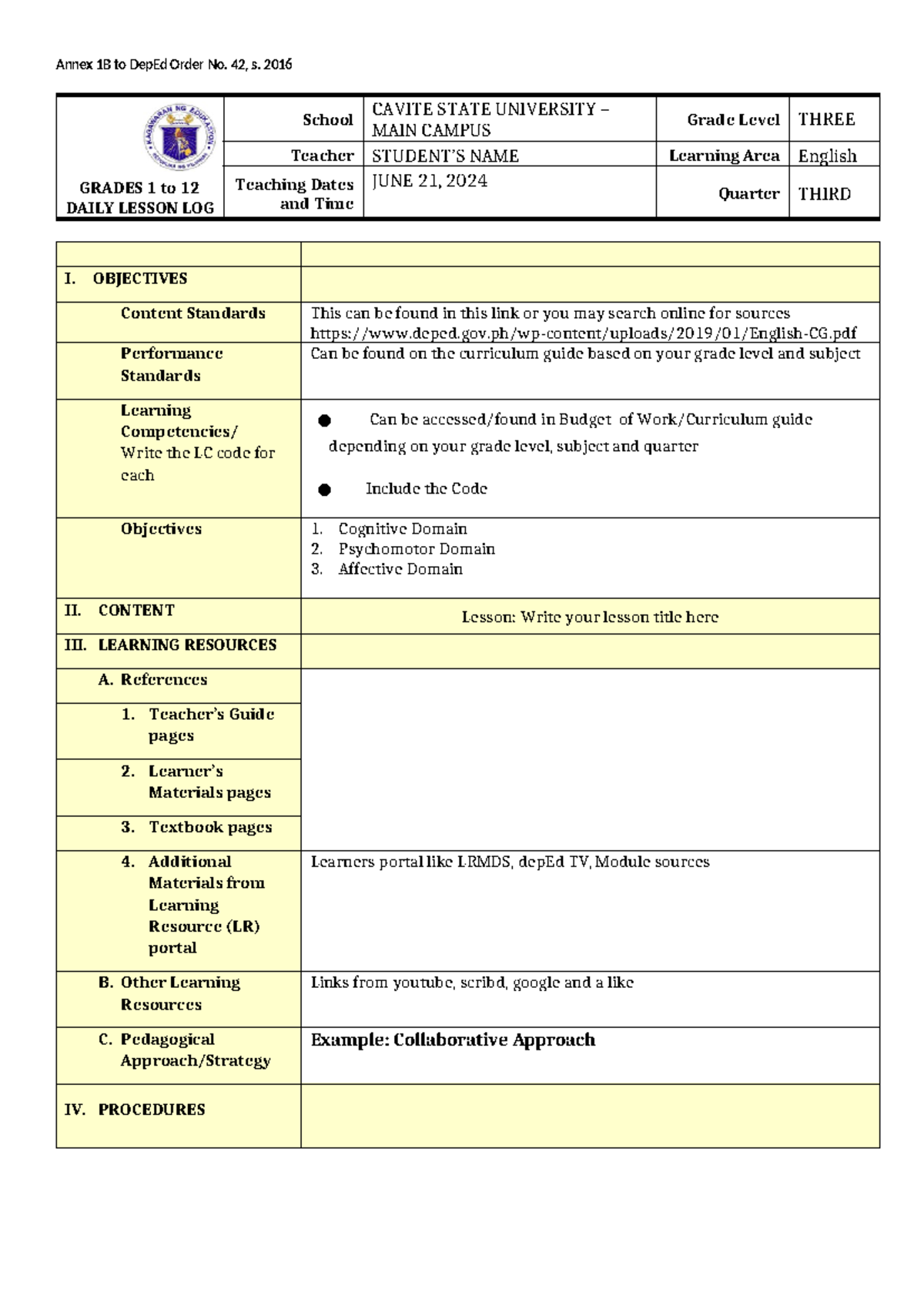 EDUC-70-DLP-sample-format - Annex 1B to DepEd Order No. 42, s. 2016 ...