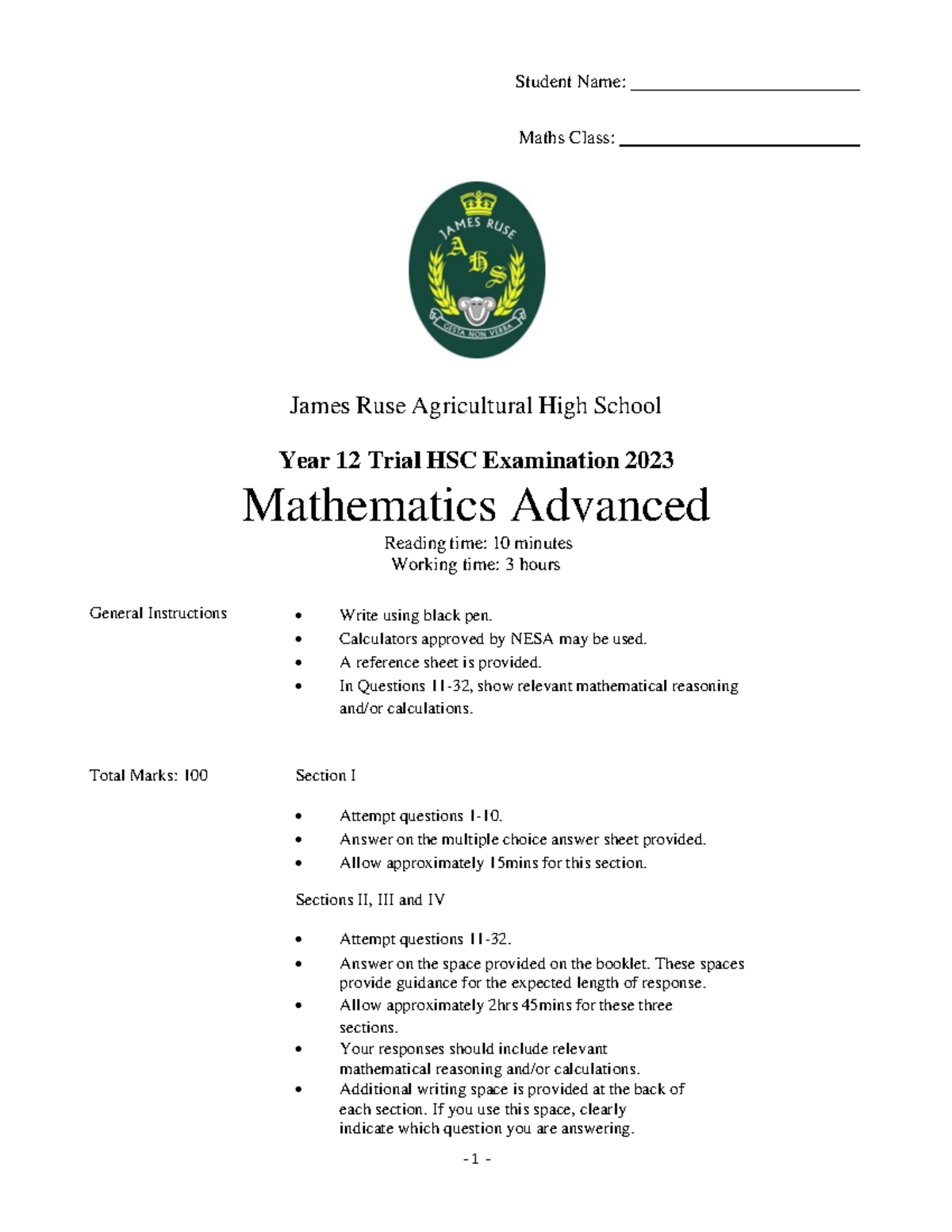 2023 James Ruse Agricultural High School - Adv - Trial - Questions ...