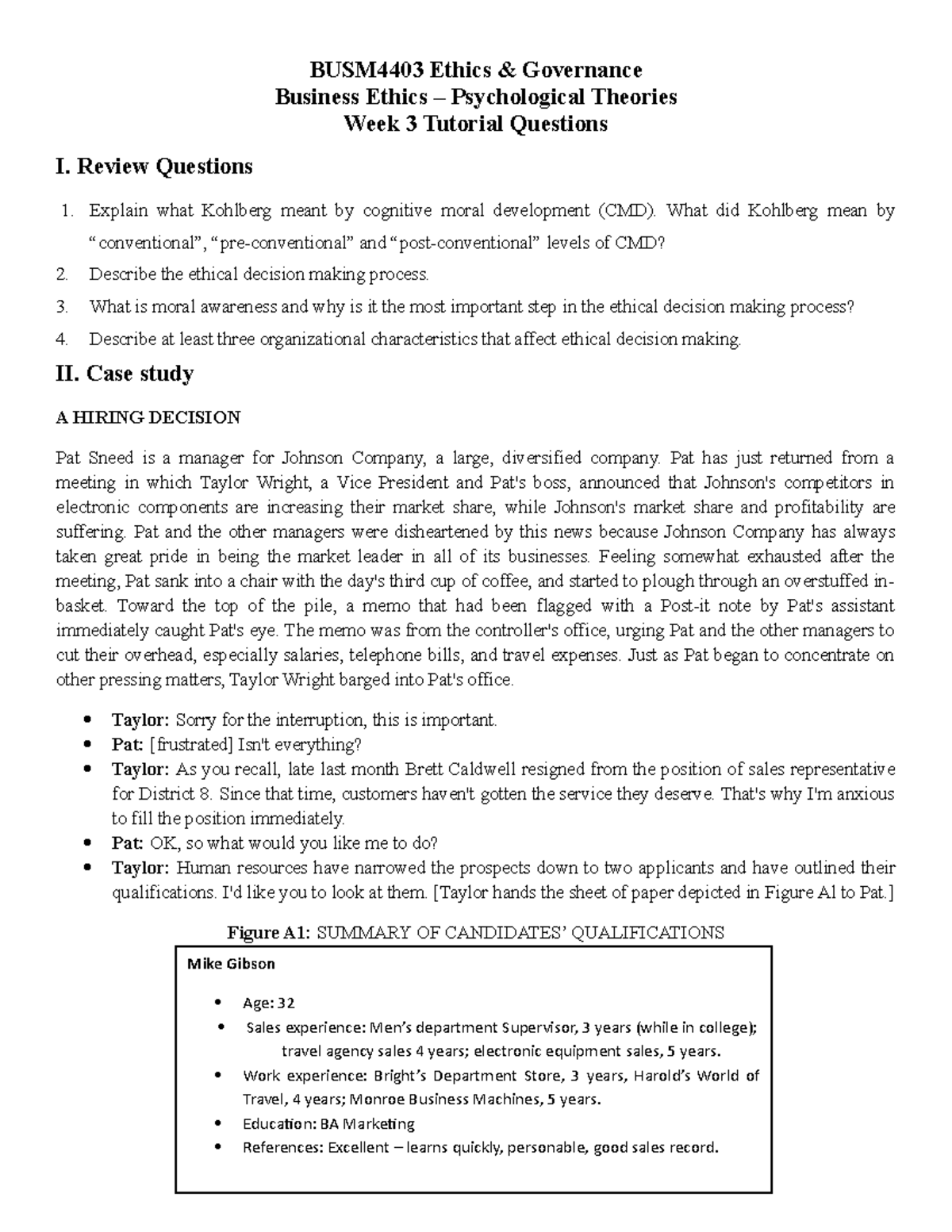 Week 3 Tutorial Questions - BUSM4403 Ethics & Governance Business ...