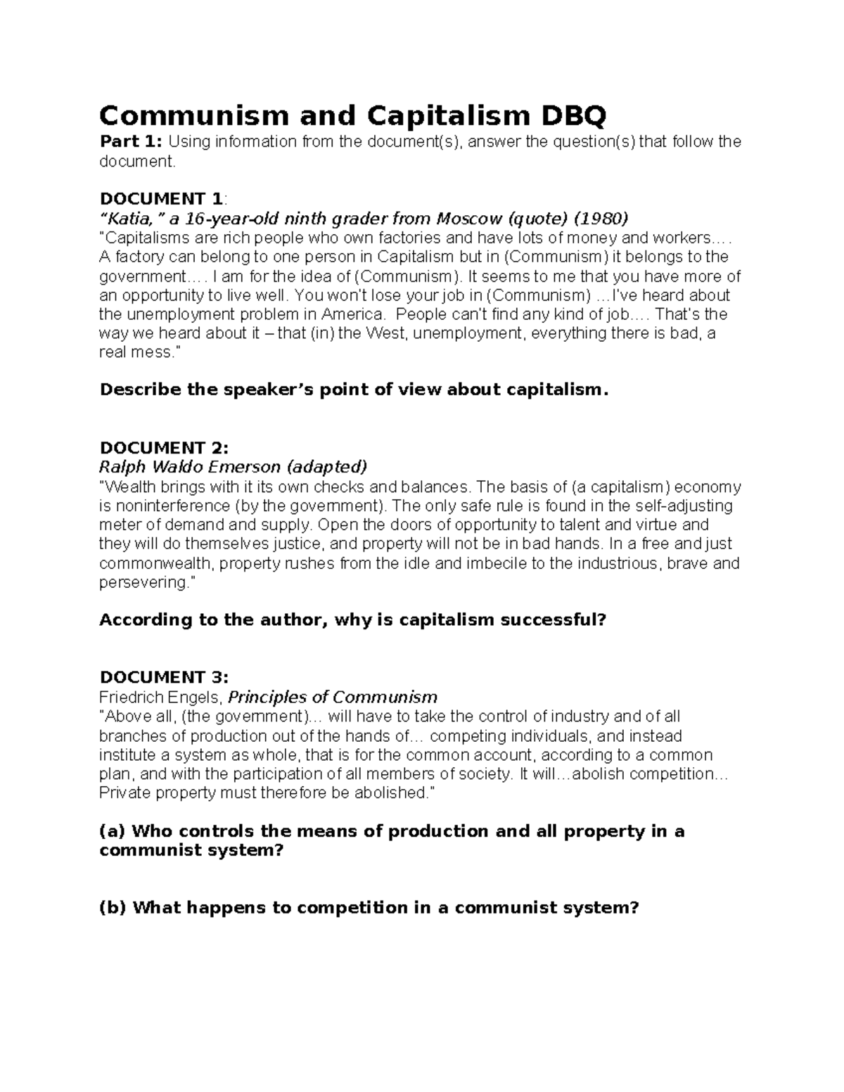 Communist vs Capitalist DBQ - Communism and Capitalism DBQ Part 1 ...