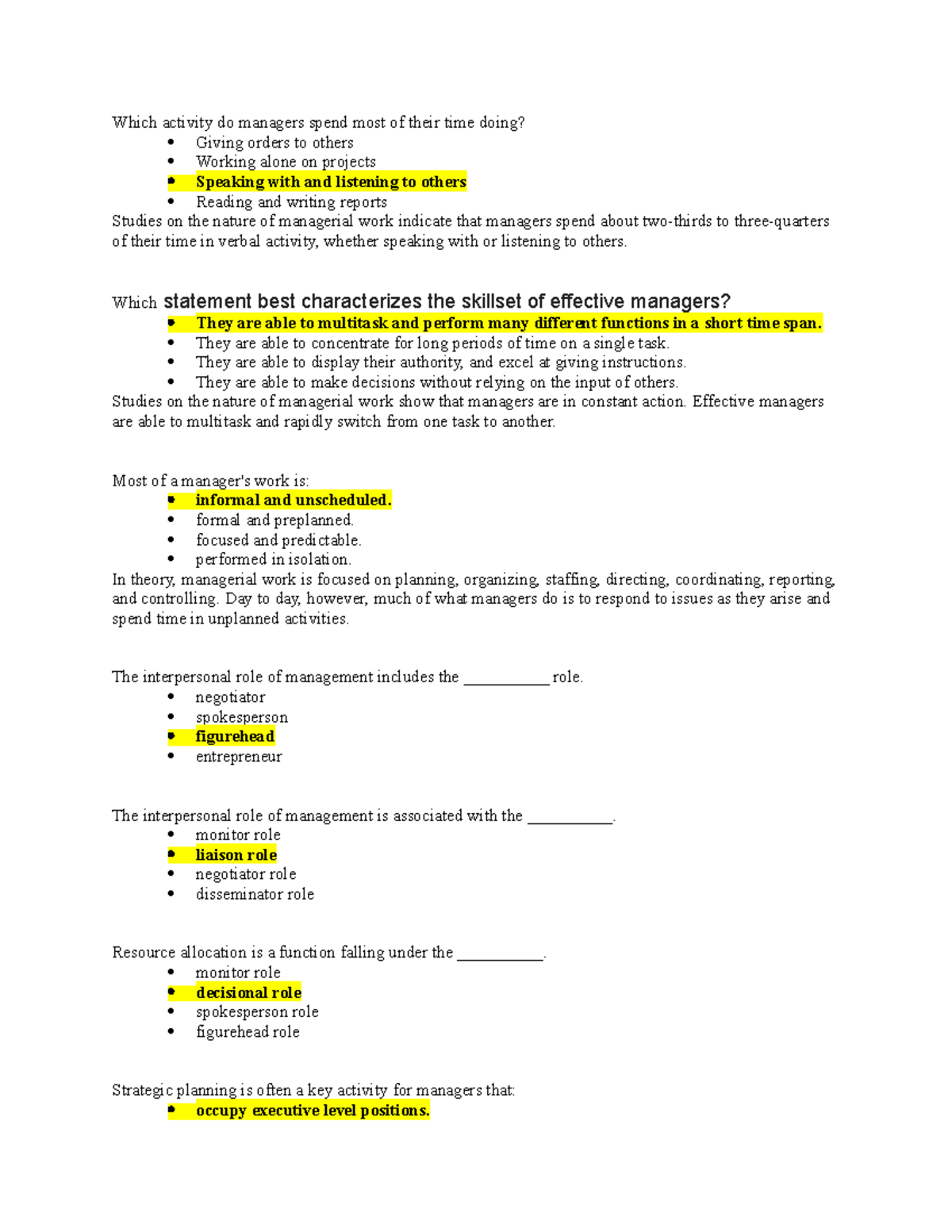 Intro to Management Unit 1 Questions and Answers - Which activity do managers spend most of ...