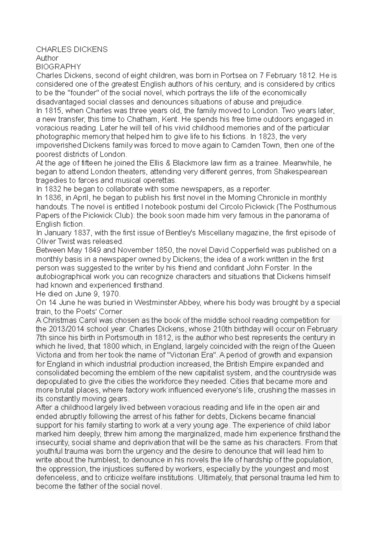 Charles Dickens - CHARLES DICKENS Author BIOGRAPHY Charles Dickens ...