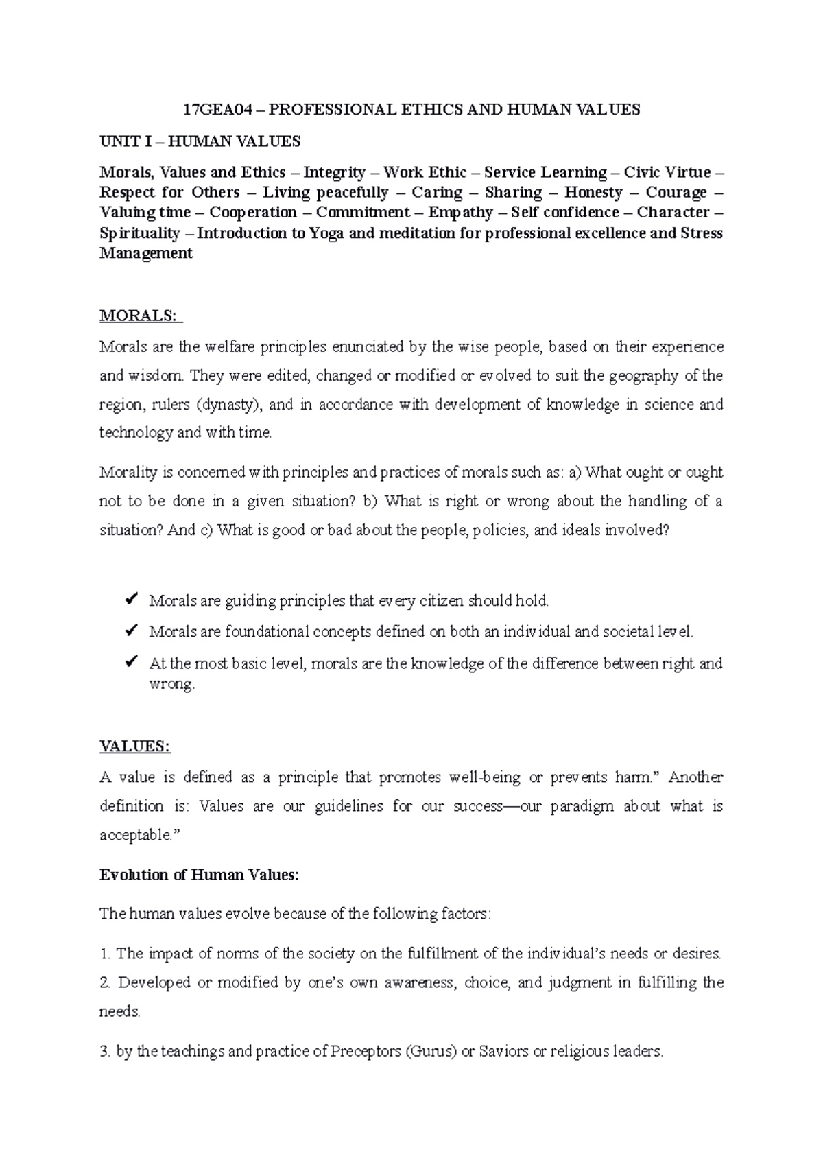Notes - 17GEA04 – PROFESSIONAL ETHICS AND HUMAN VALUES UNIT I – HUMAN ...