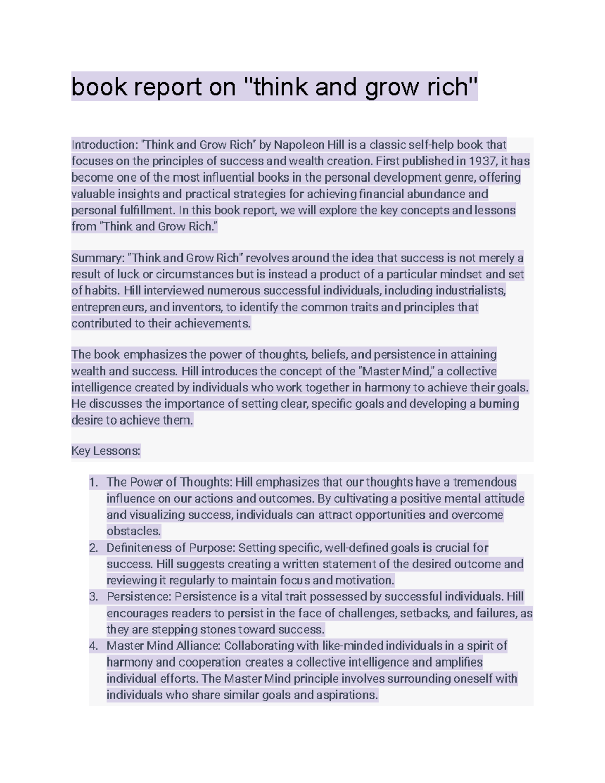 Book report on think and grow rich - Studocu