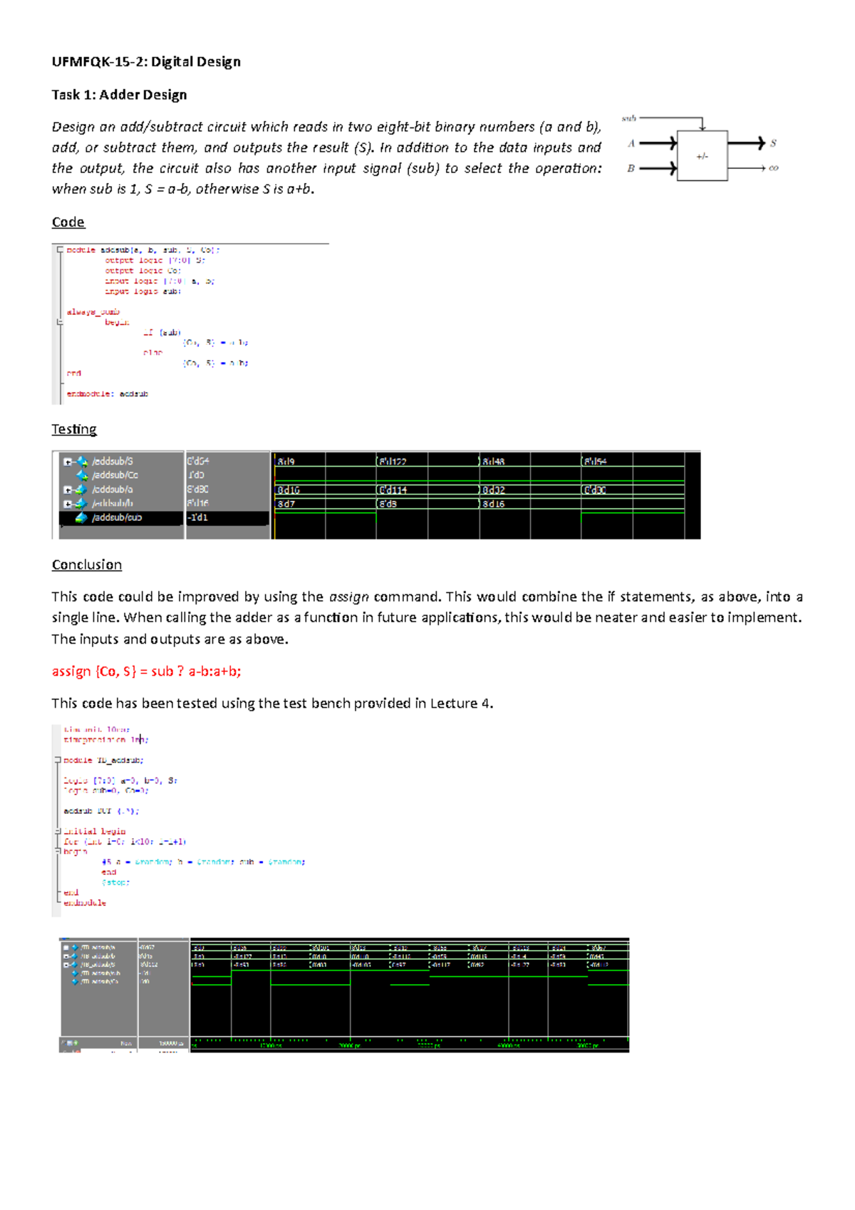 Task 1 Adder Design - UFMFQK-15-2: Digital Design Task 1: Adder Design ...