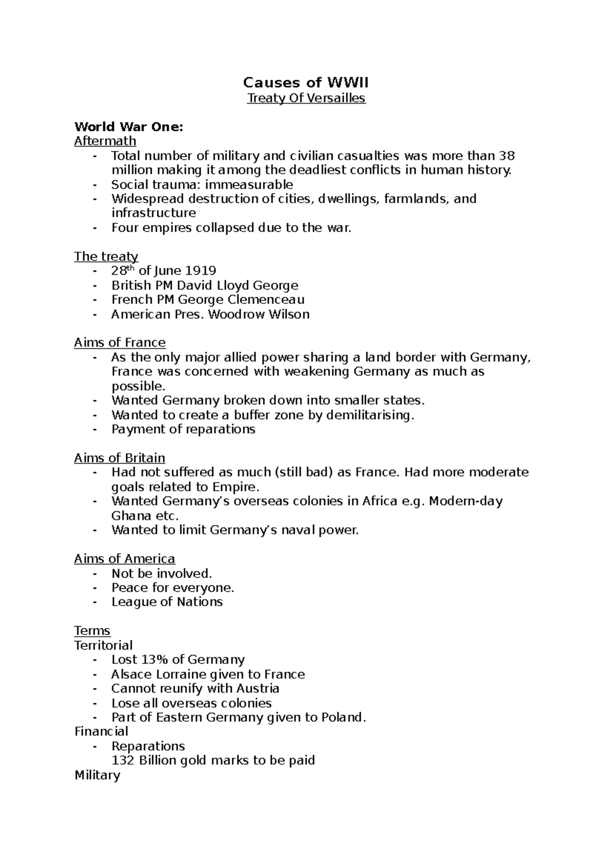 Causes of WWII - ...... - Causes of WWII Treaty Of Versailles World War ...