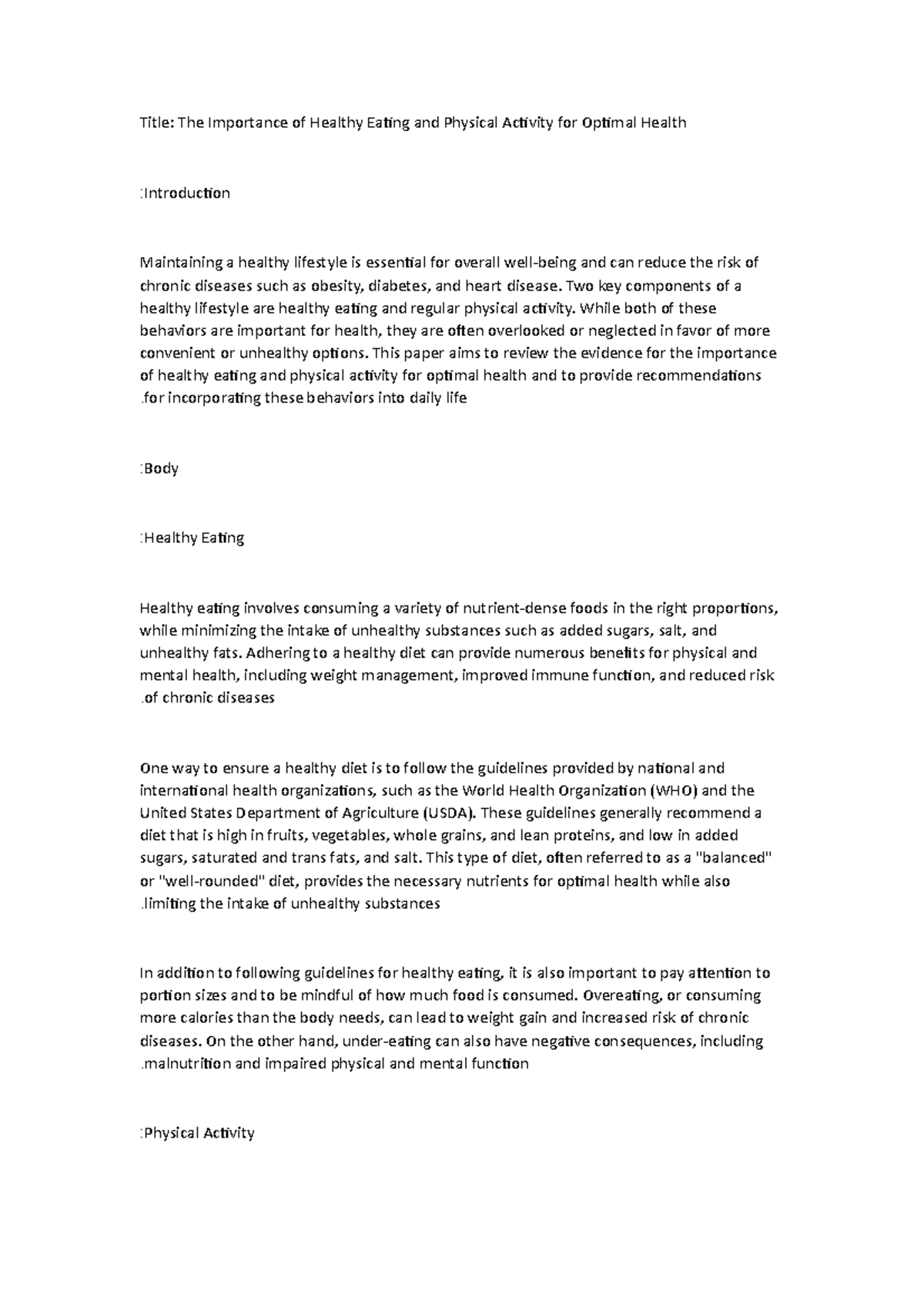 Health promotion - Title: The Importance of Healthy Eating and Physical ...