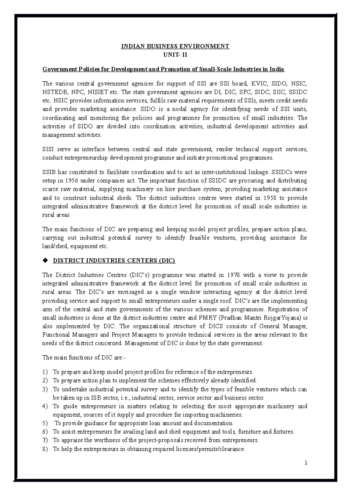Chapter-4 DIC, Sidbi, SFC - INDIAN BUSINESS ENVIRONMENT UNIT- II ...