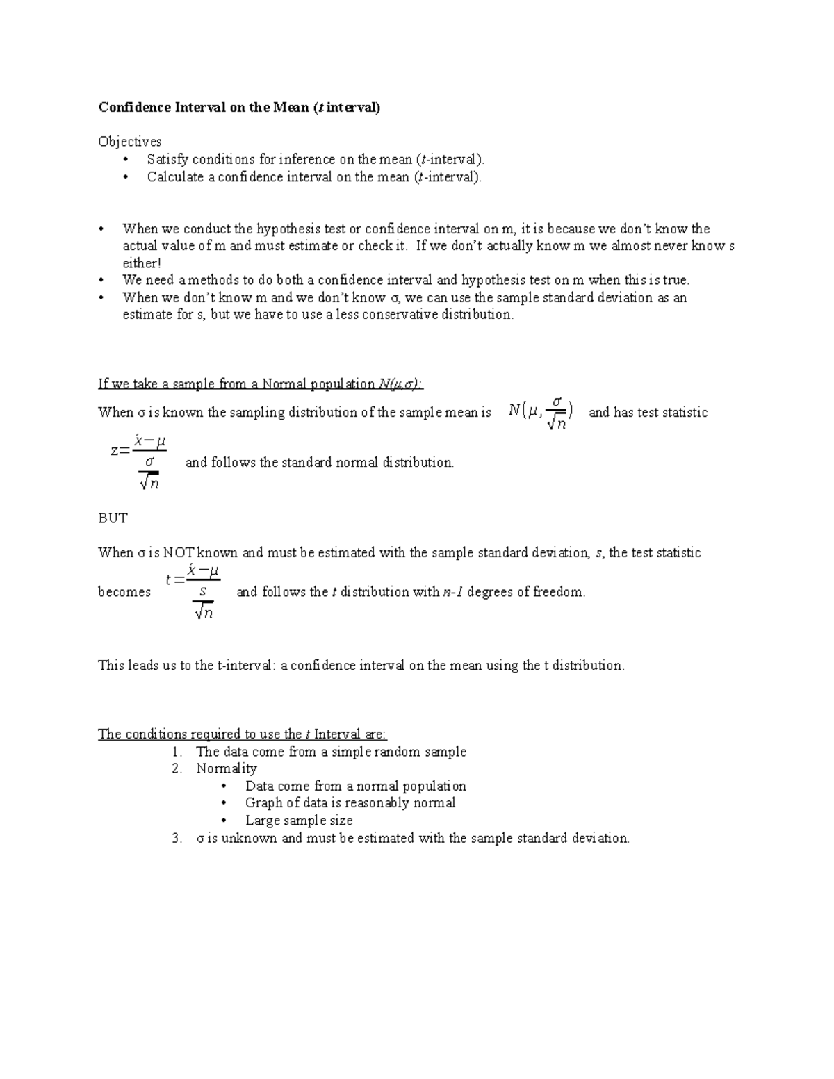 Lesson 29 T Interval - Lecture notes 29 - Confidence Interval on the ...