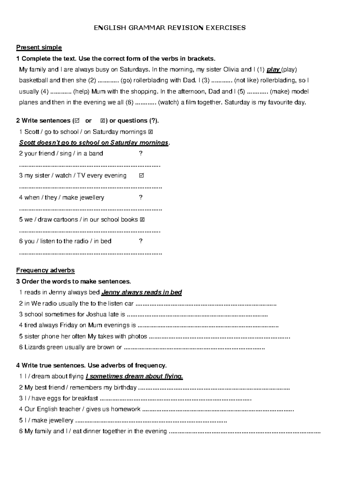 Grammar full revision - ENGLISH GRAMMAR REVISION EXERCISES Present ...