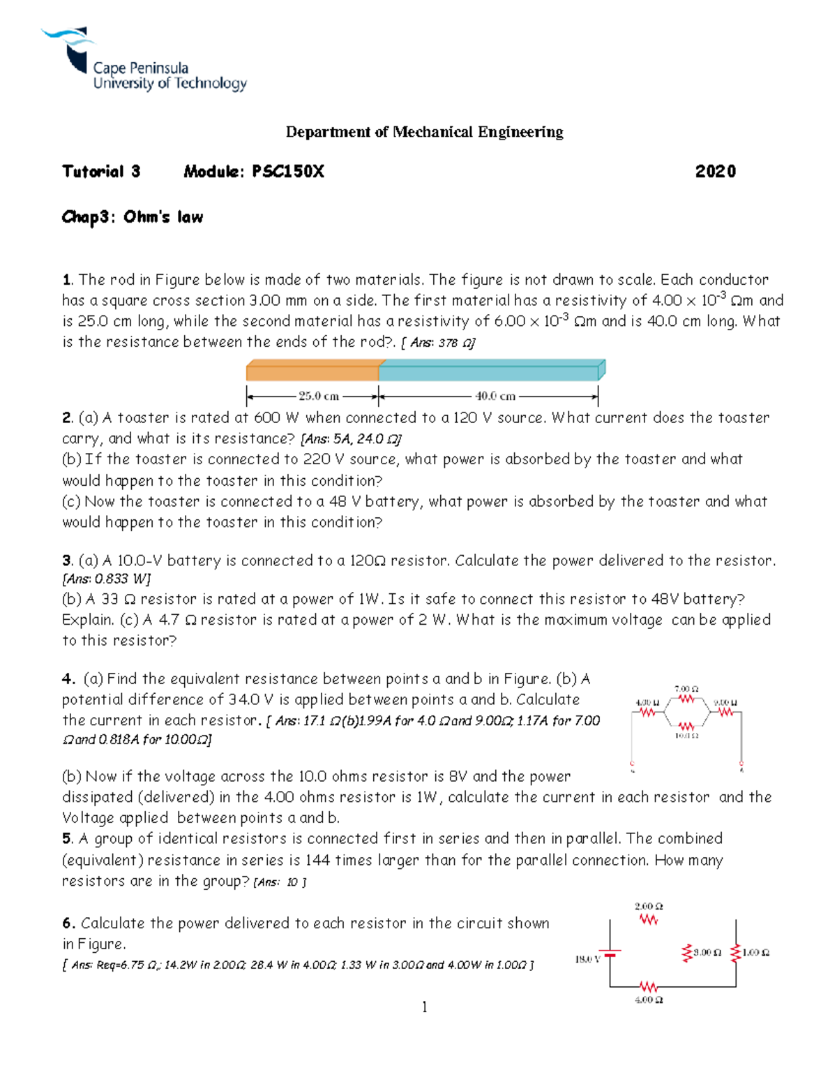 Tutorial 3 Chap3 - practice - 1 Department of Mechanical Engineering ...