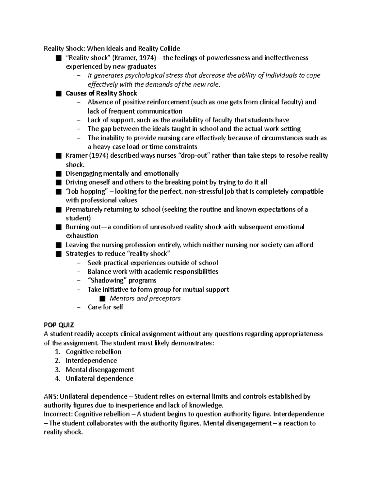 Chapter 5 (Nurs 333) Part 7 - Reality Shock: When Ideals and Reality ...